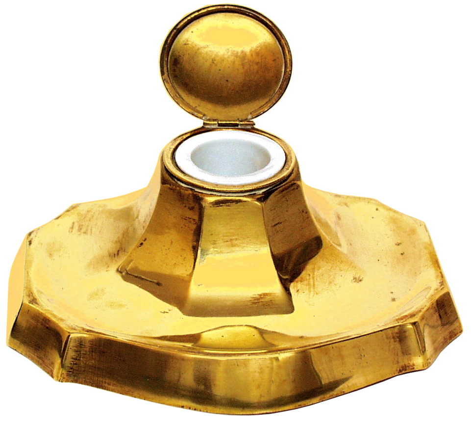 Polished Solid Brass Inkwell With Porcelain Well And Hinged Cover ...